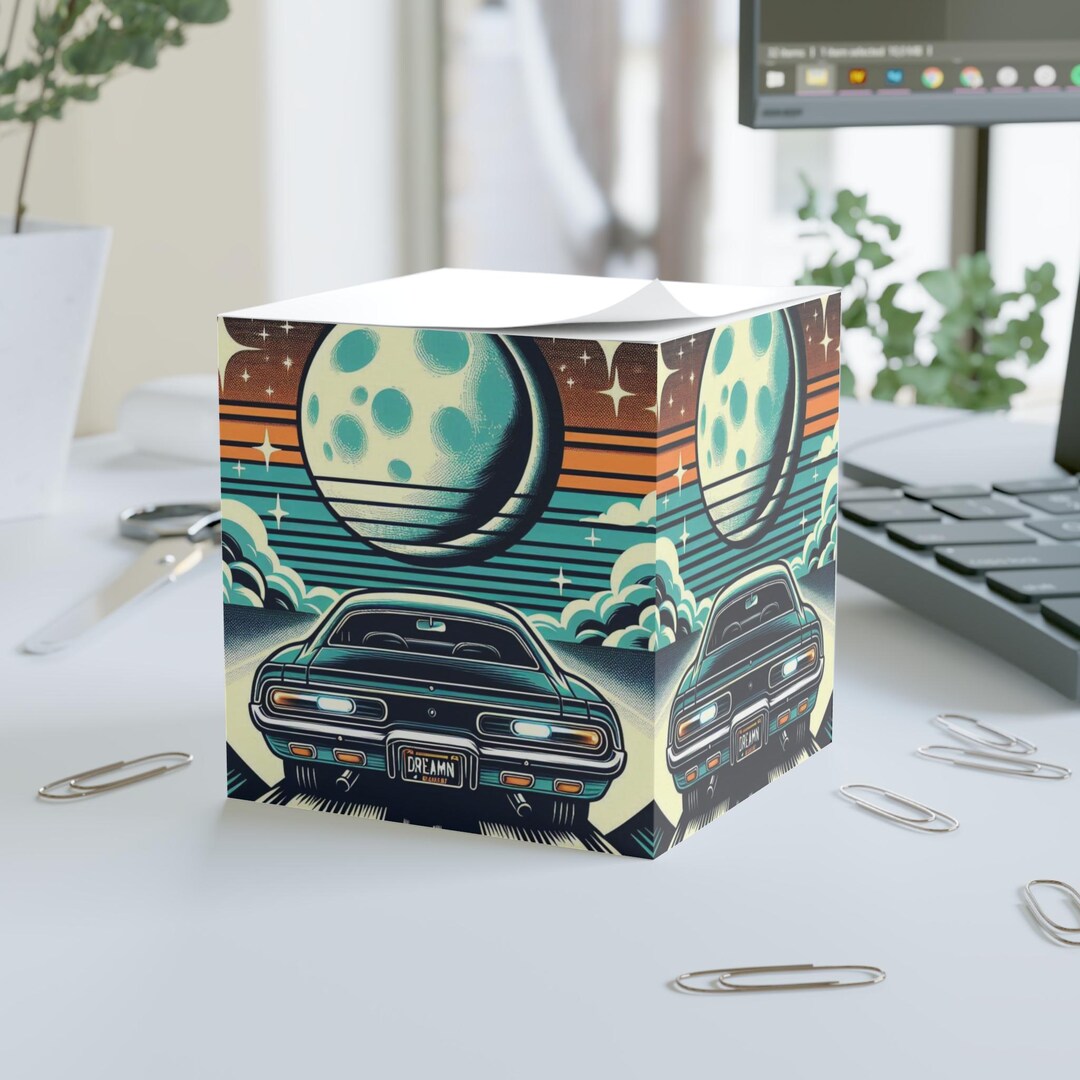 Retro Ride Post-it Note Cube, Vintage Car Stationery, Vibrant Color ...