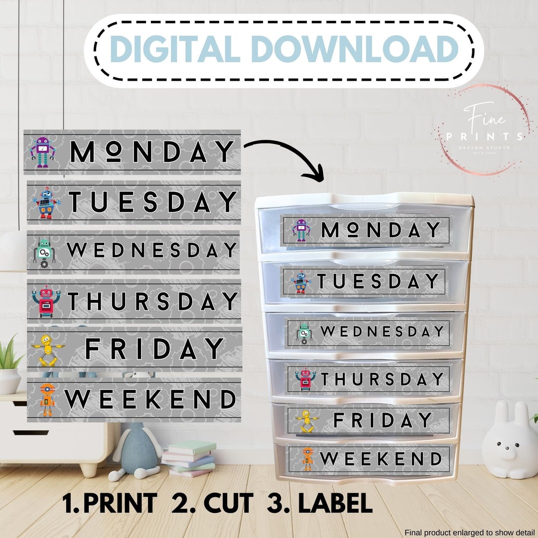 Robots Themed Days of the Week Labels Tags DIGITAL DOWNLOAD Print at ...