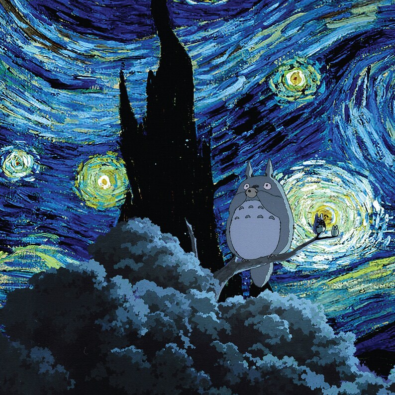 Starry Night With Forest Creatures - Japanese Print Manga Mashup - Van ...