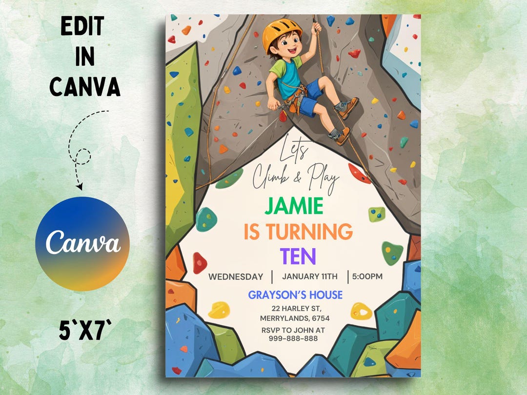 Editable Rock Climbing Birthday Invite, Indoor Climbing Wall Invite ...