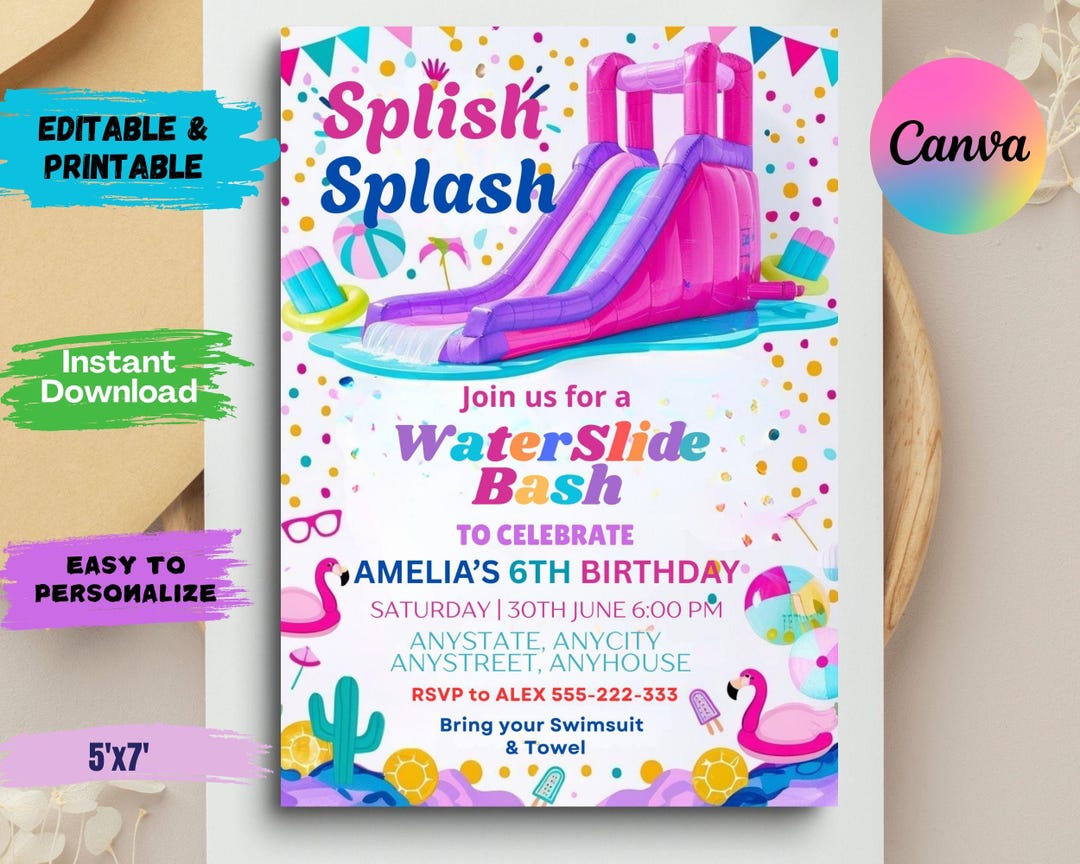 Editable Waterslide Birthday Invitation, Water Slide Invitation, Boy ...