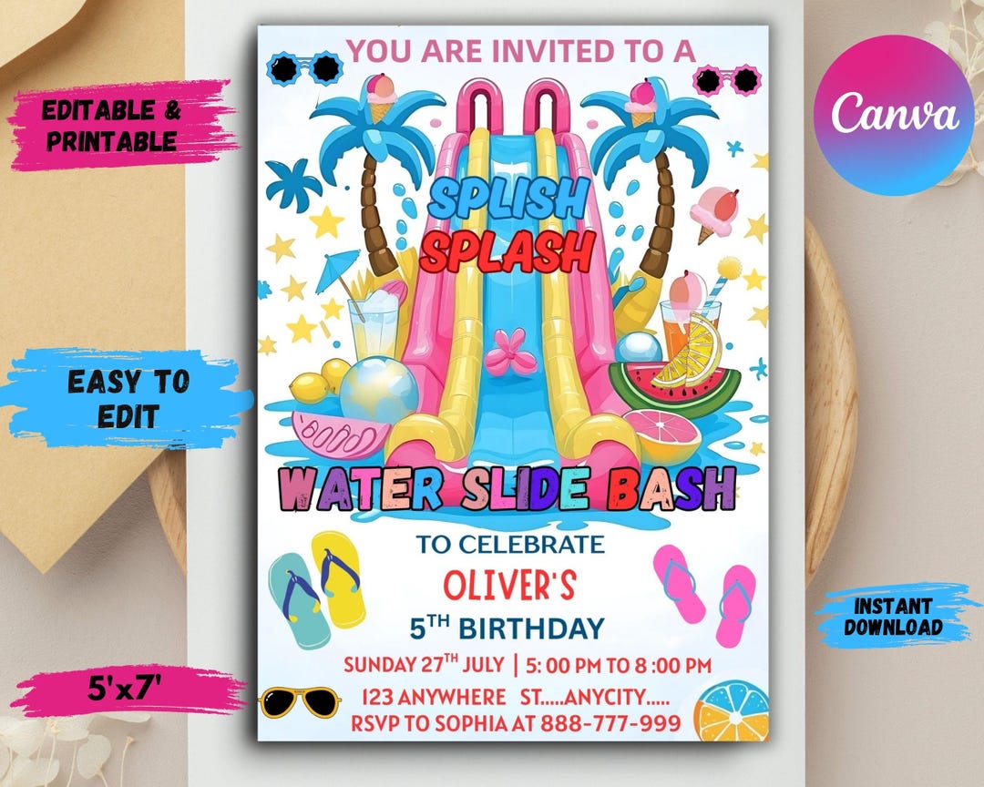 Water Slide Birthday Invitation, Water Slide Invitation, Water Slide ...