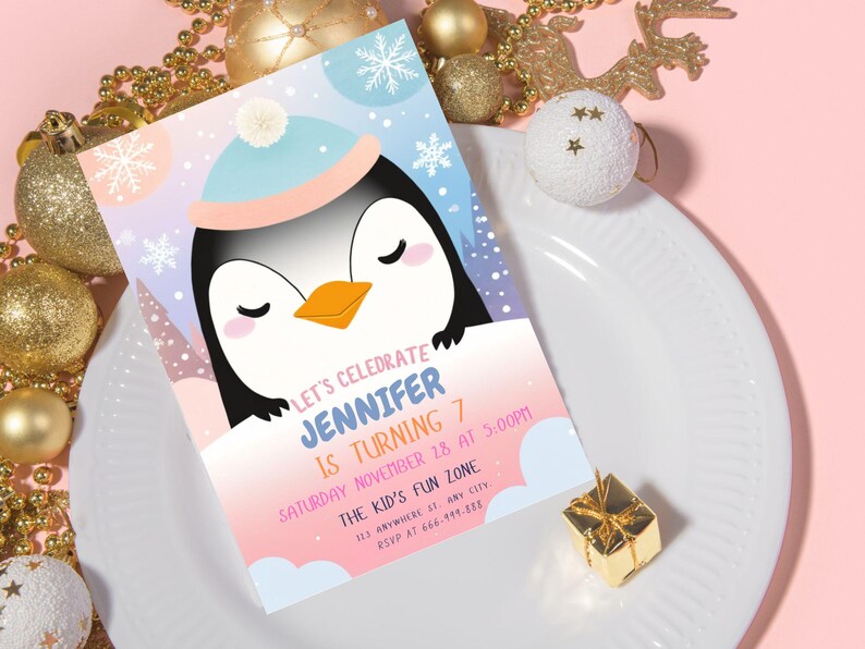 Editable Penguin Birthday Party Invitation Template, Winter Party ...