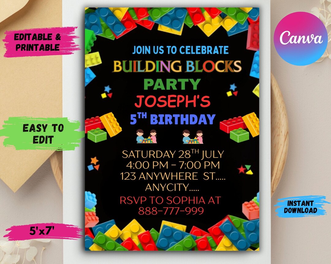 Editable Building Blocks Birthday Invitation | Construction Theme Party ...