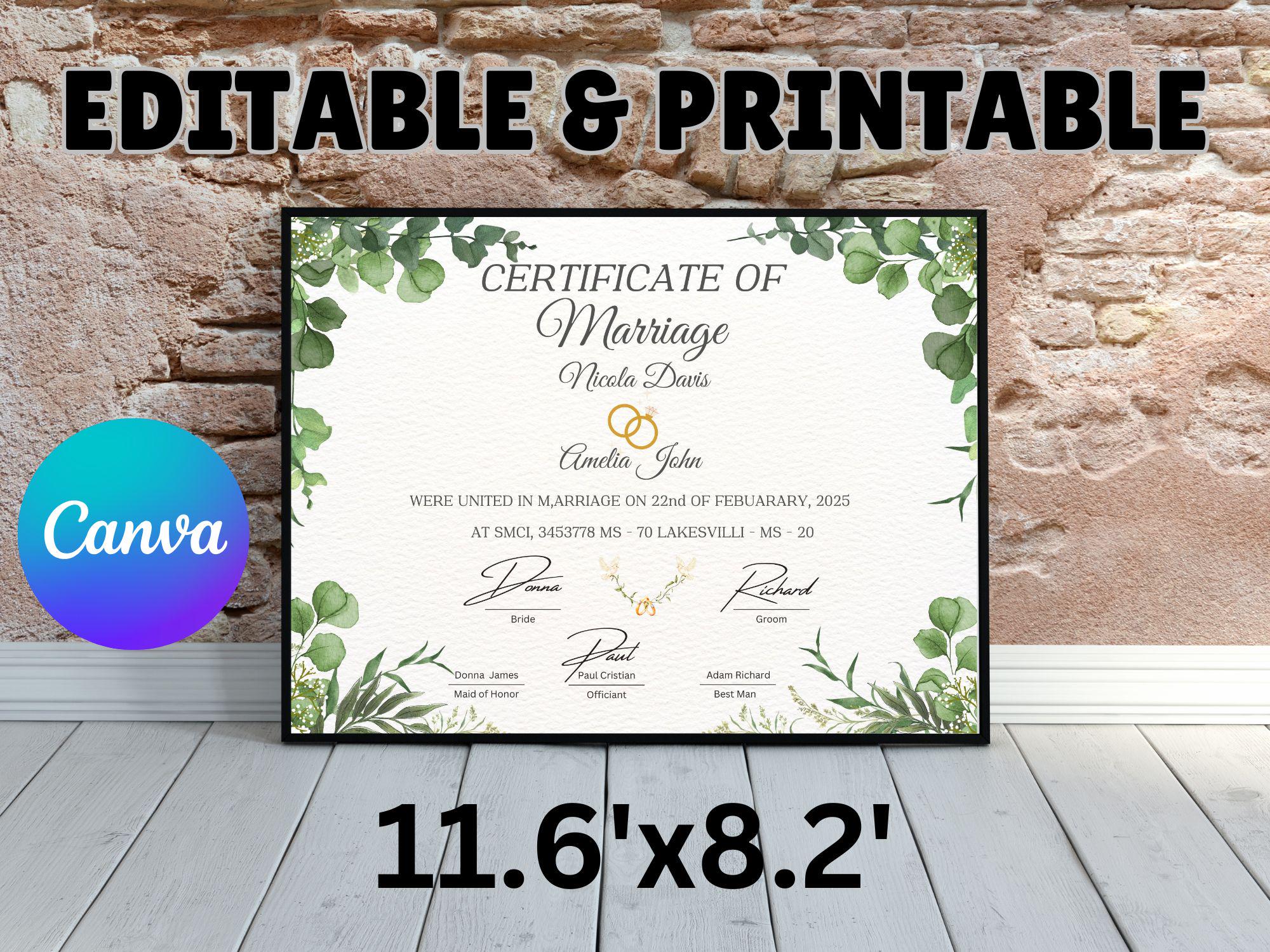 Printable Modern Marriage Certificate, Editable Marriage Certificate ...