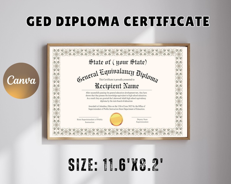 GED Diploma With Gold Seal Template Printable and Editable With Canva ...