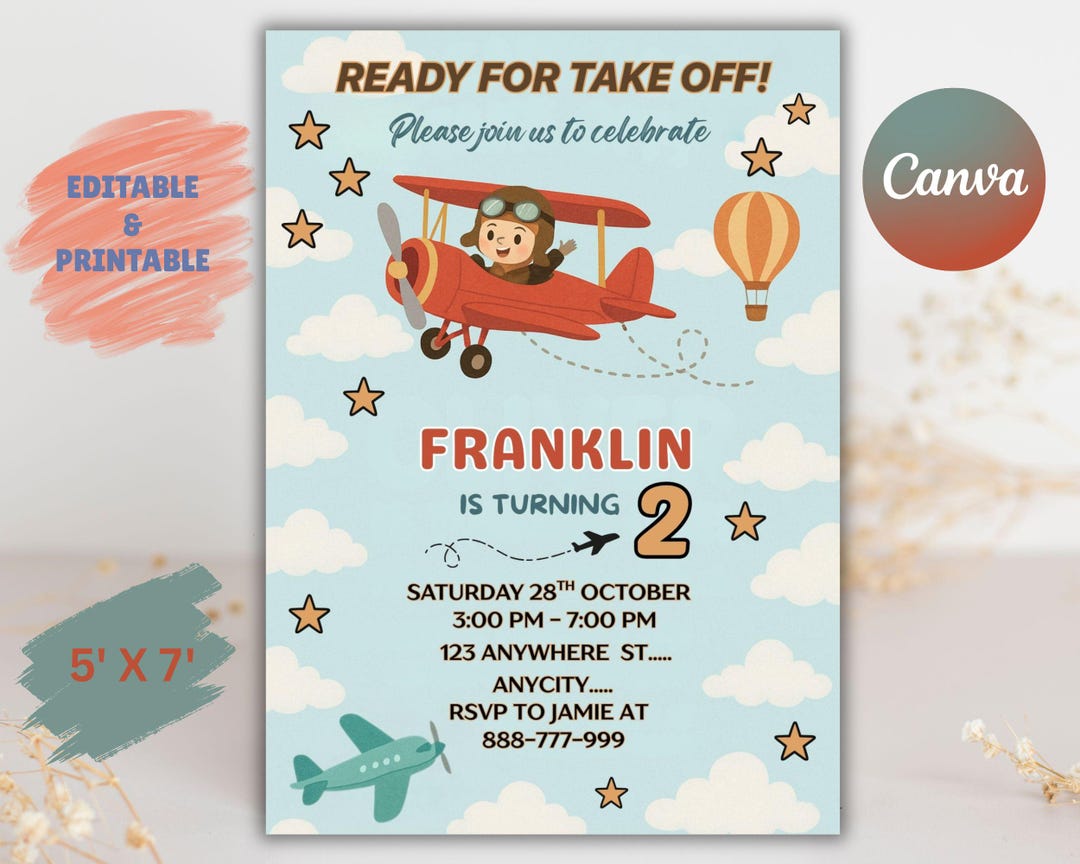 Editable Airplane Birthday Invitation, Time Two Take off Boy 2nd ...