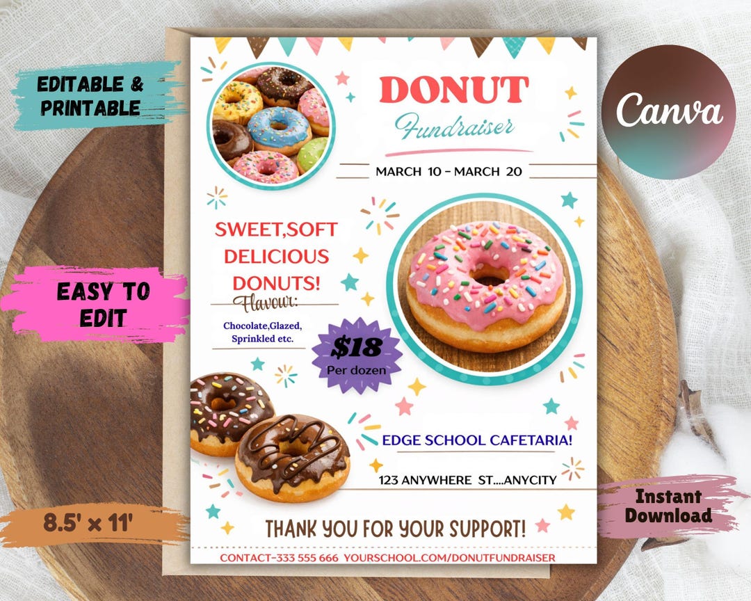 Editable Donut Fundraiser Flyer With Photo: Printable Canva Template ...
