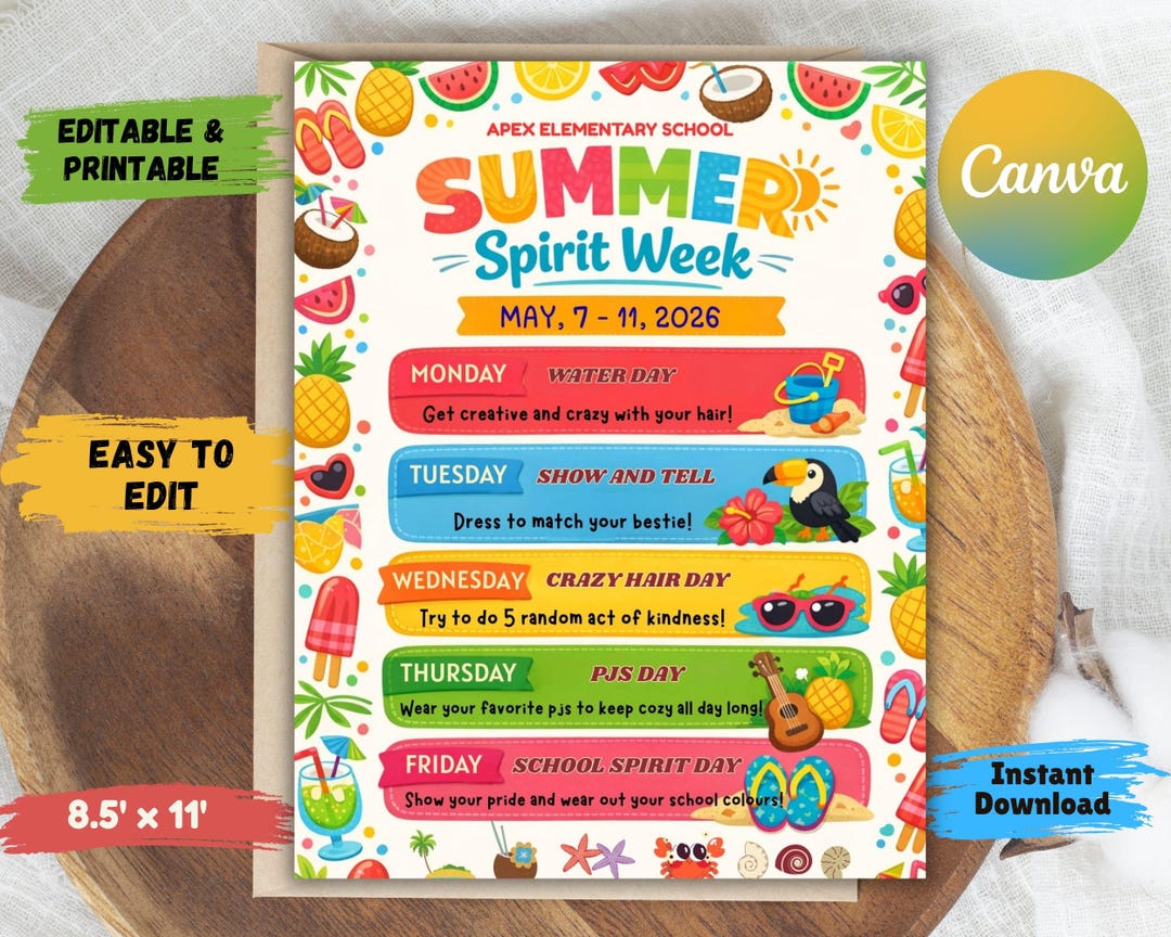 Customizable Summer School Spirit Week Flyer, PTO Schedule, Summer ...