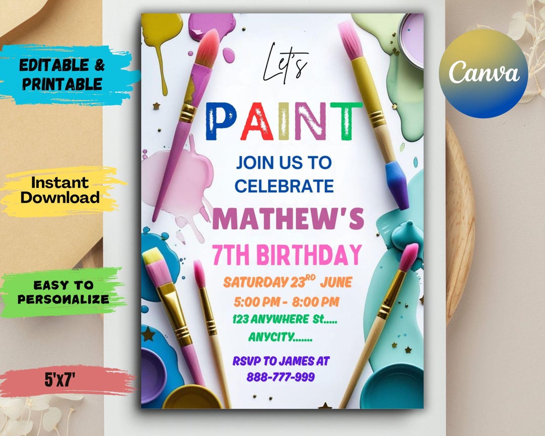 Editable Painting Party Invitation, Paint Party, Art Party Invitation ...