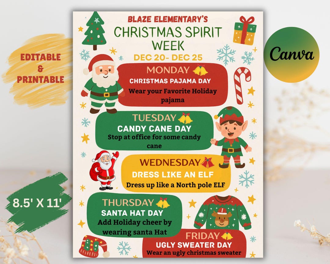 Holiday School Spirit Week Flyer Editable, Winter Spirit Week, December ...