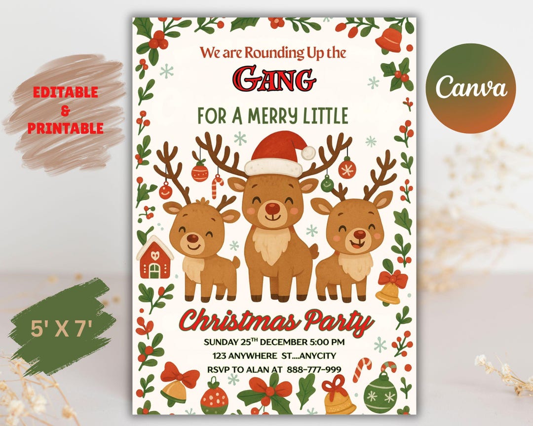Editable Reindeer Christmas Party Invitation: Rudolph Theme (5x7 Inches ...