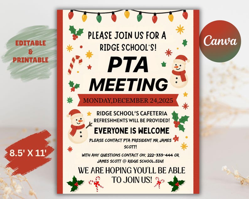 Christmas PTO Meeting Flyer Template | School Holiday Event | December ...