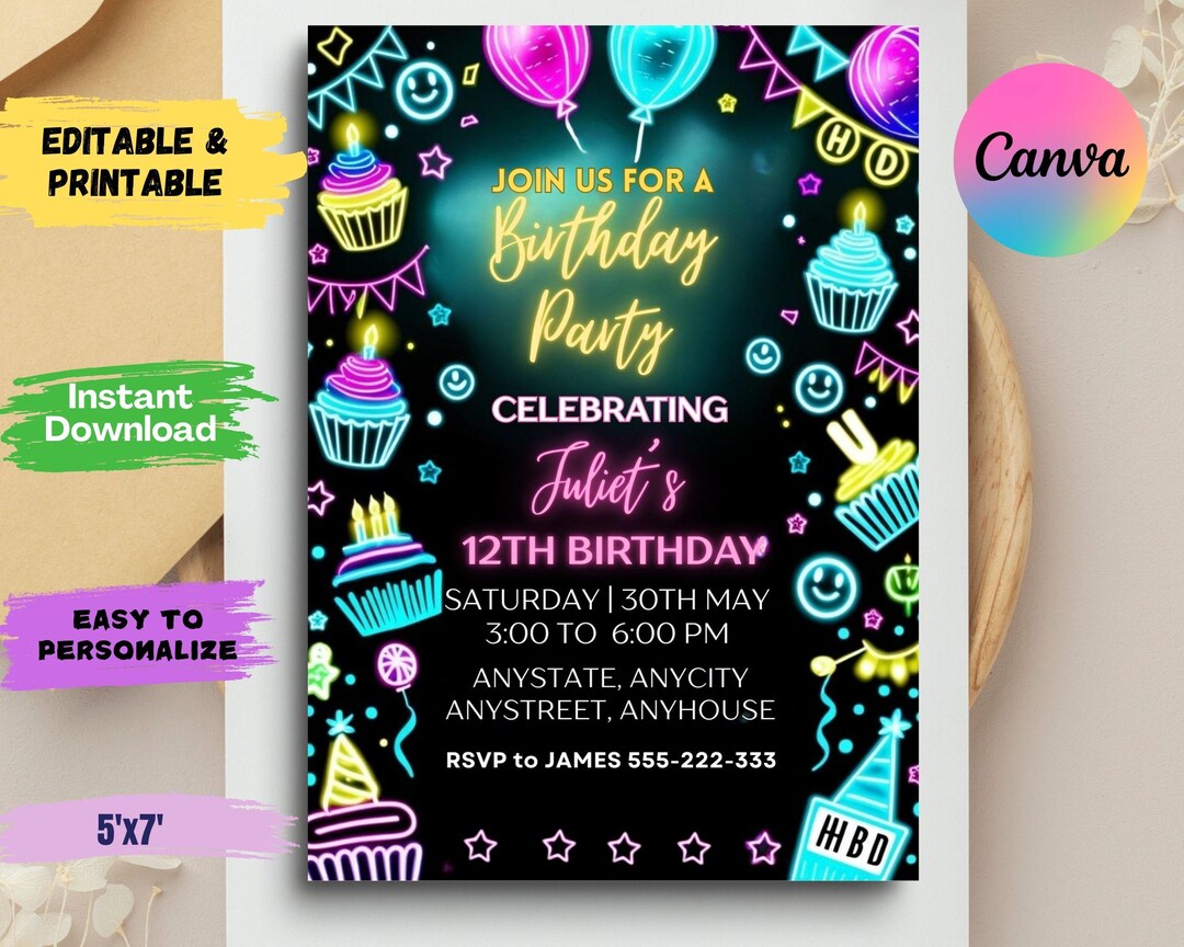 Editable Neon Birthday Party Invitation, Glow Birthday Party Invite ...