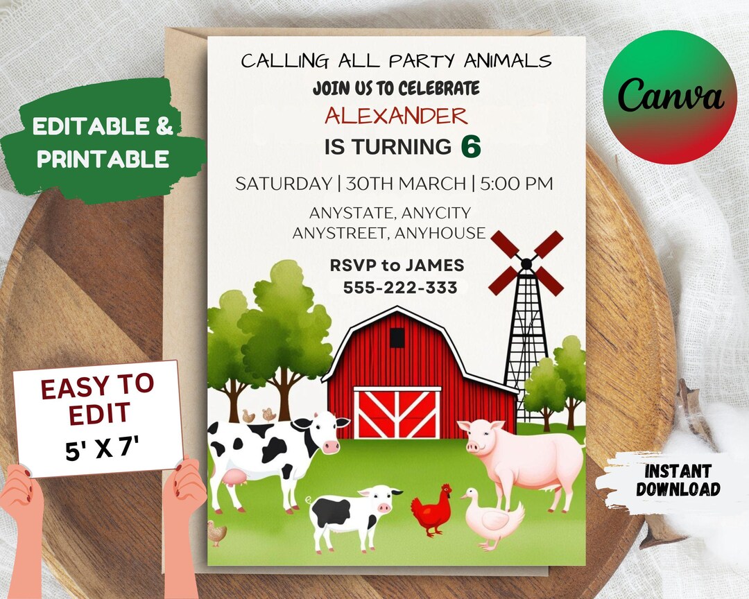 Farm Birthday Invitation, Barnyard Animals Party Invite, Editable Farm ...