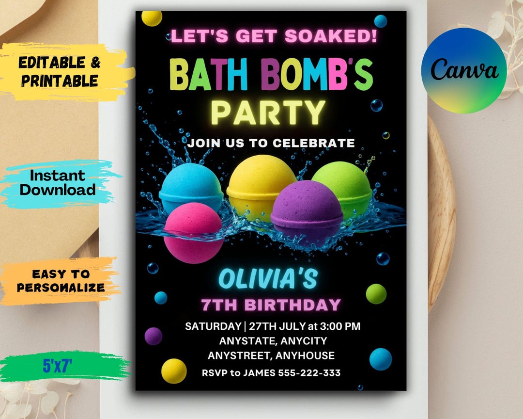 Bath Bomb Birthday Invitation | Editable Water Balloon Birthday Invite ...