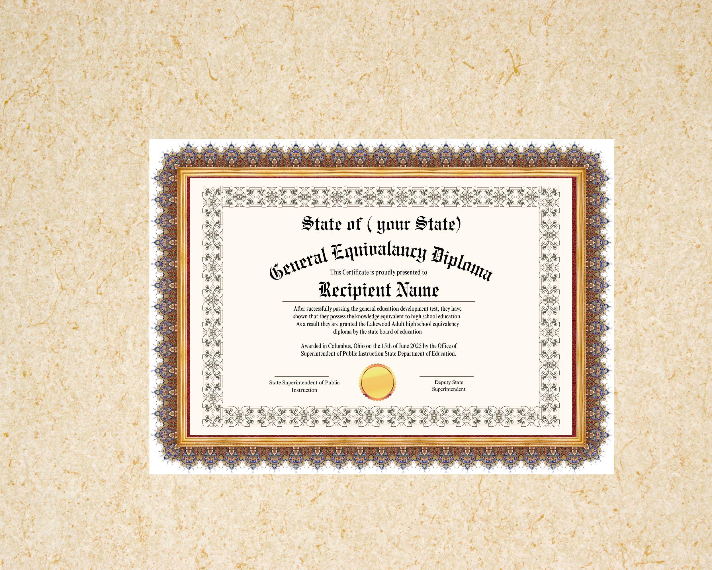 GED Diploma With Gold Seal Template Printable and Editable With Canva Personalized High School ...