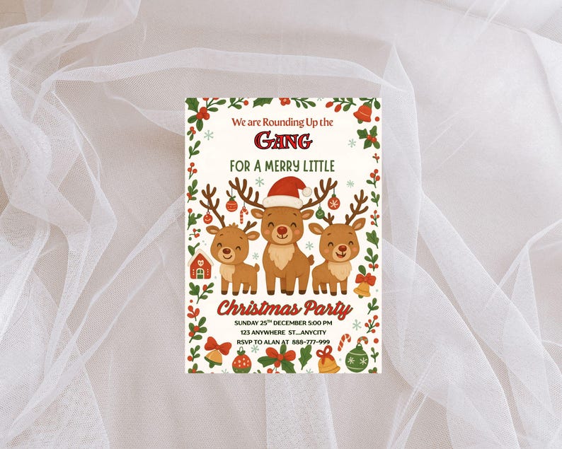 Editable Reindeer Christmas Party Invitation: Rudolph Theme (5x7 Inches ...