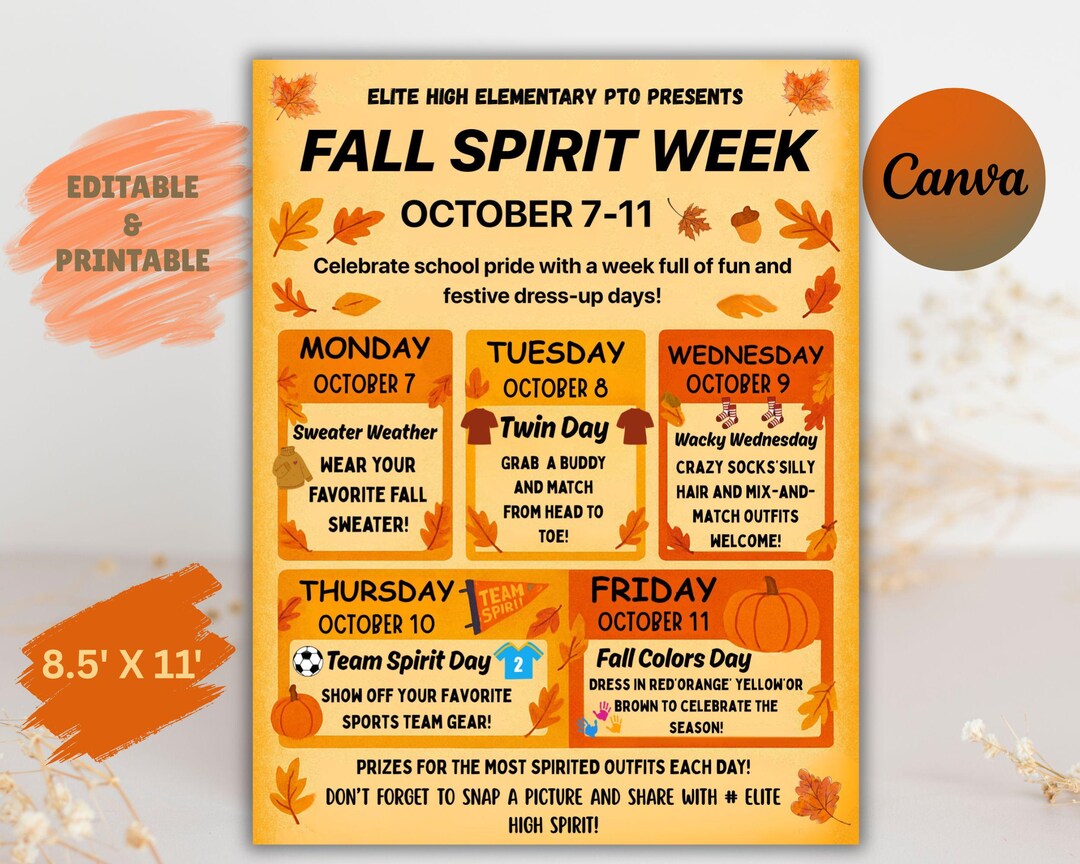 Editable Fall School Spirit Week Flyer Template (digital Download ...