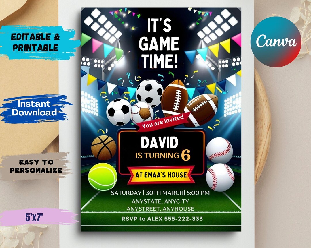 Editable Sports Birthday Invitation, Sports Party Invite, Sports Game ...
