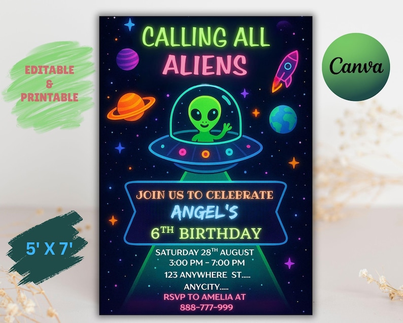 Alien Birthday Invitation Editable, UFO Invitation, Alien Invitation ...