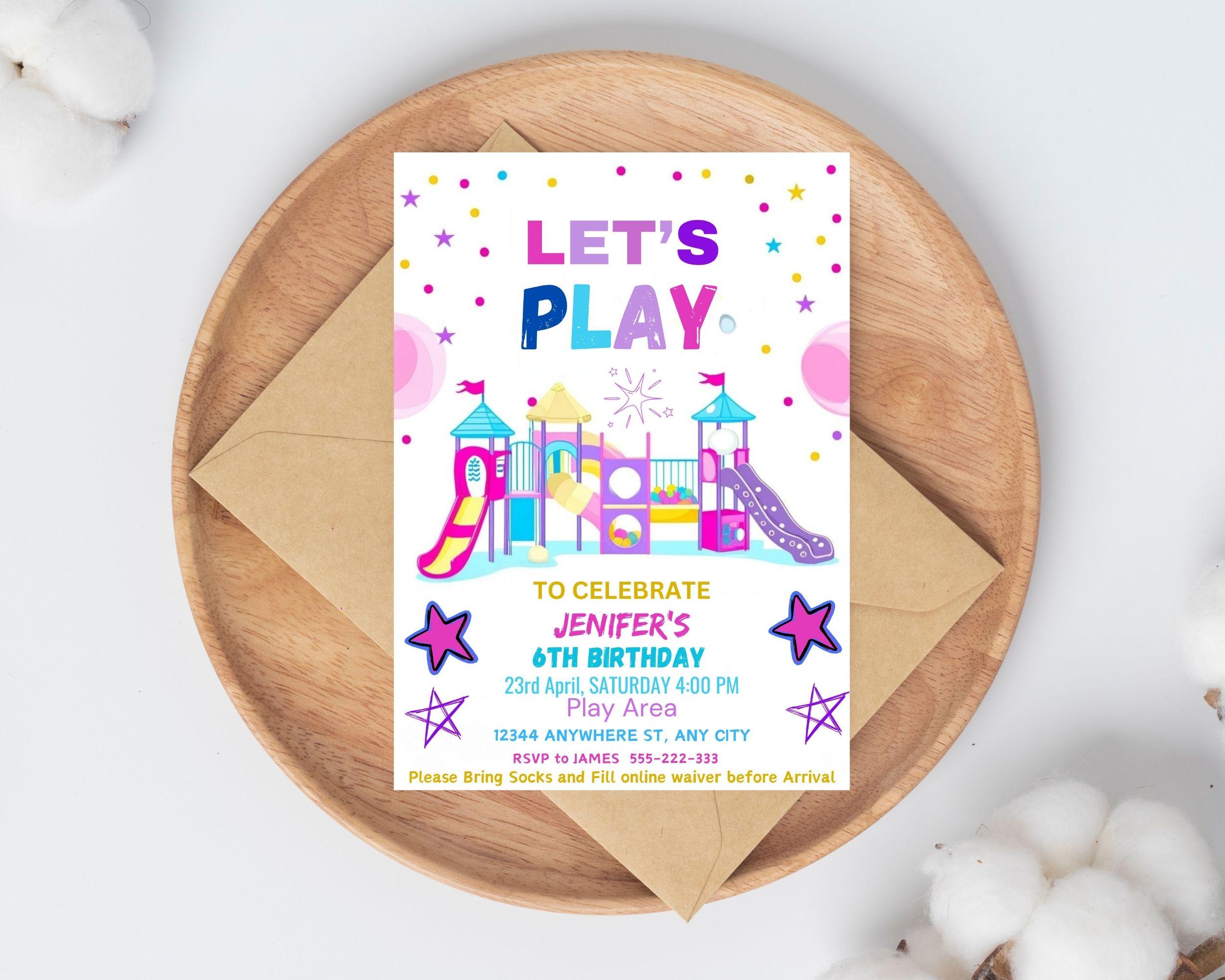 Editable Playground Birthday Party Invitation Girl Let's Play Jungle ...