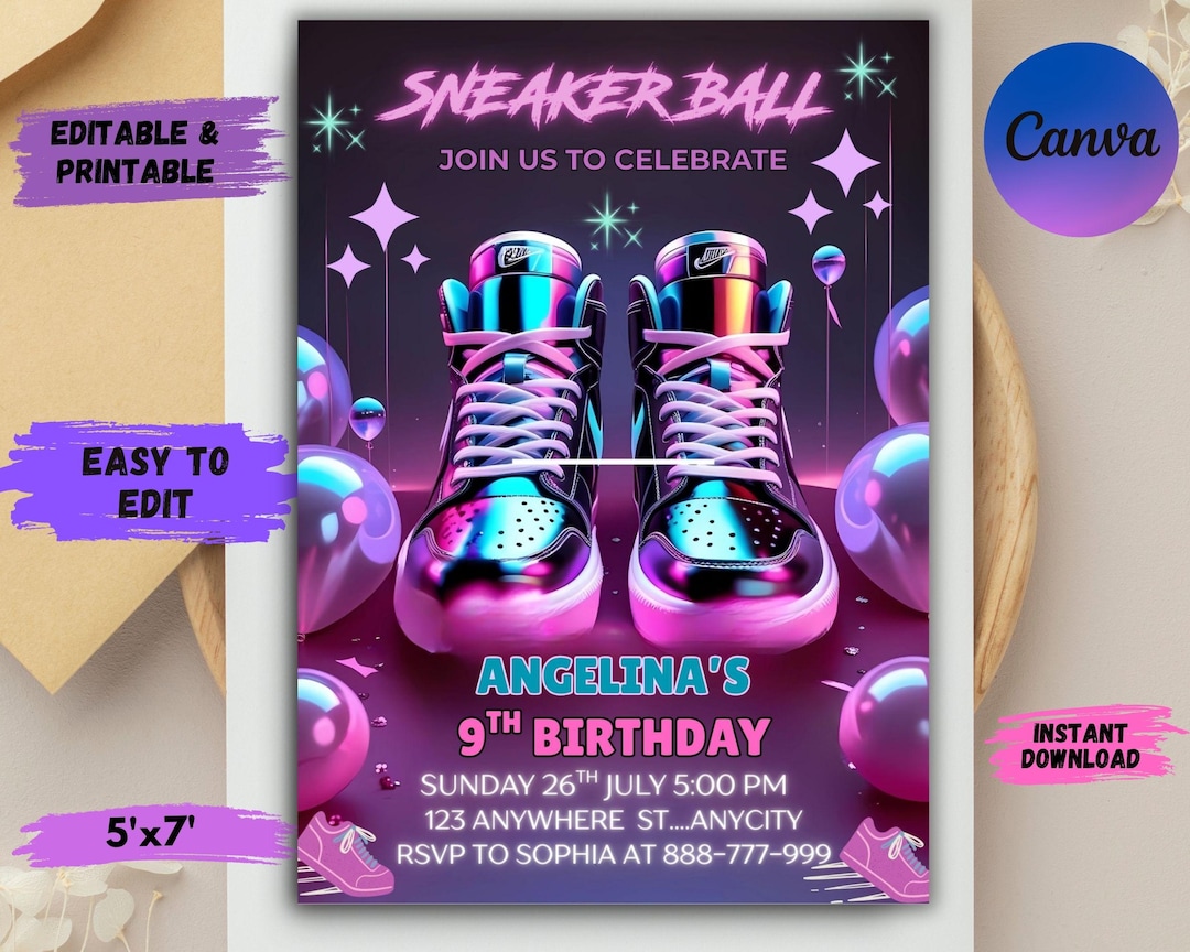 Sneaker Ball Birthday Invitation | Neon Glow Party Editable Template ...