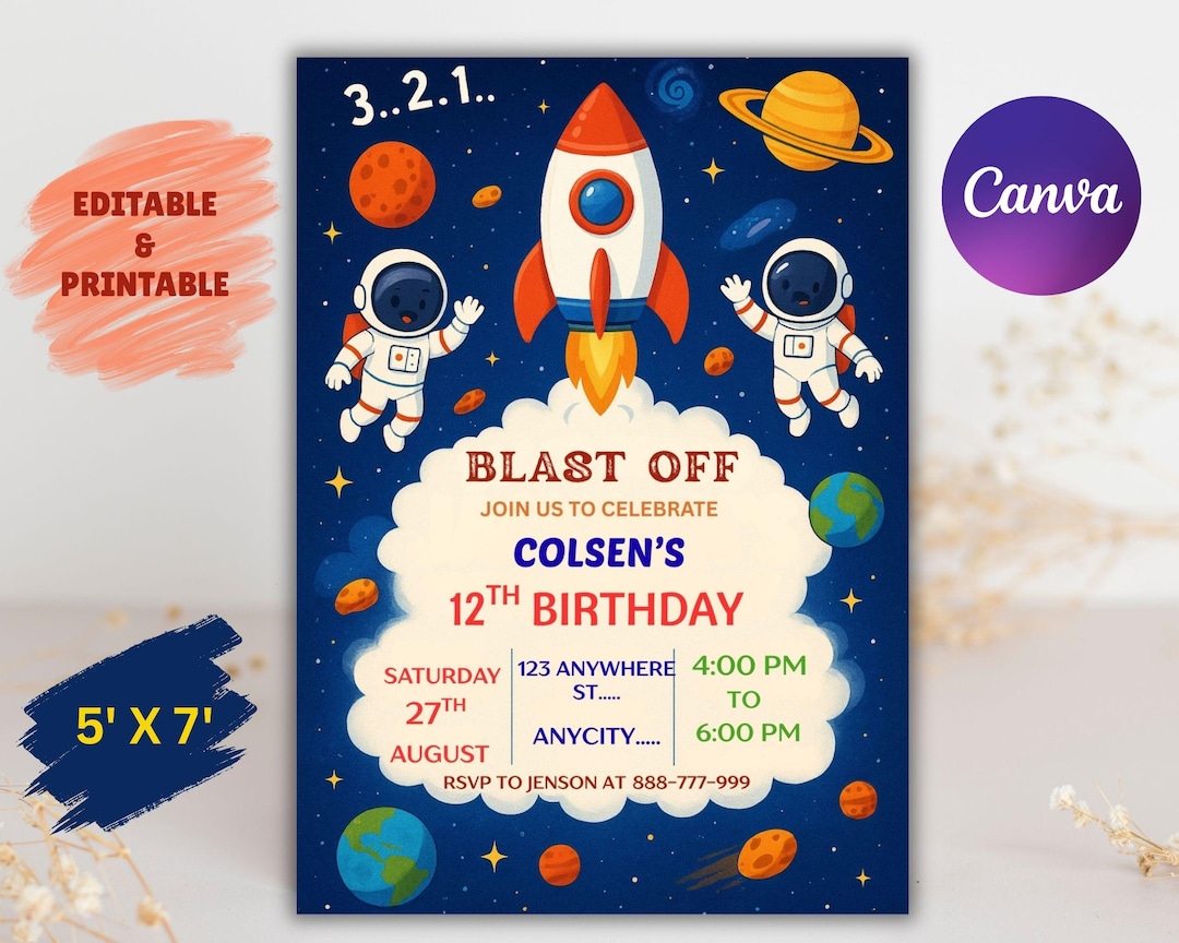Space Birthday Party Invitation, Astronaut Outer Space Theme Invitation ...