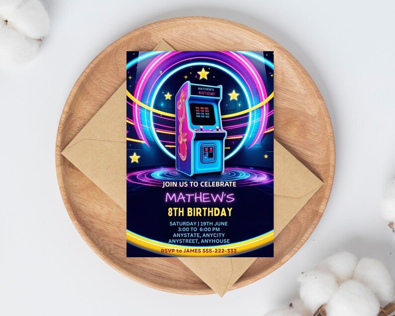 Editable Arcade Birthday Party Invitation Minimalist Neon Boy Game ...