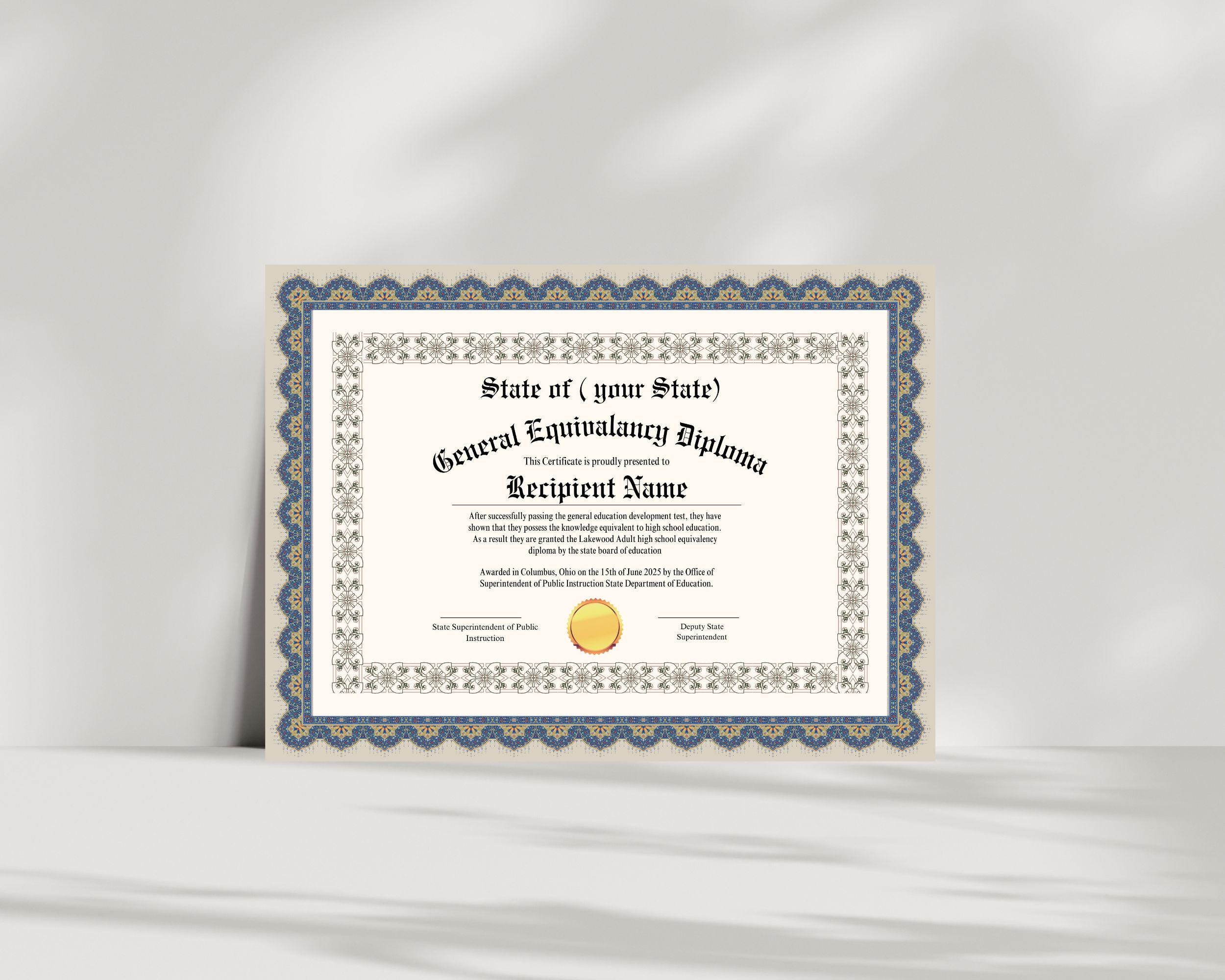 GED Diploma With Gold Seal Template Printable and Editable With Canva Personalized High School ...