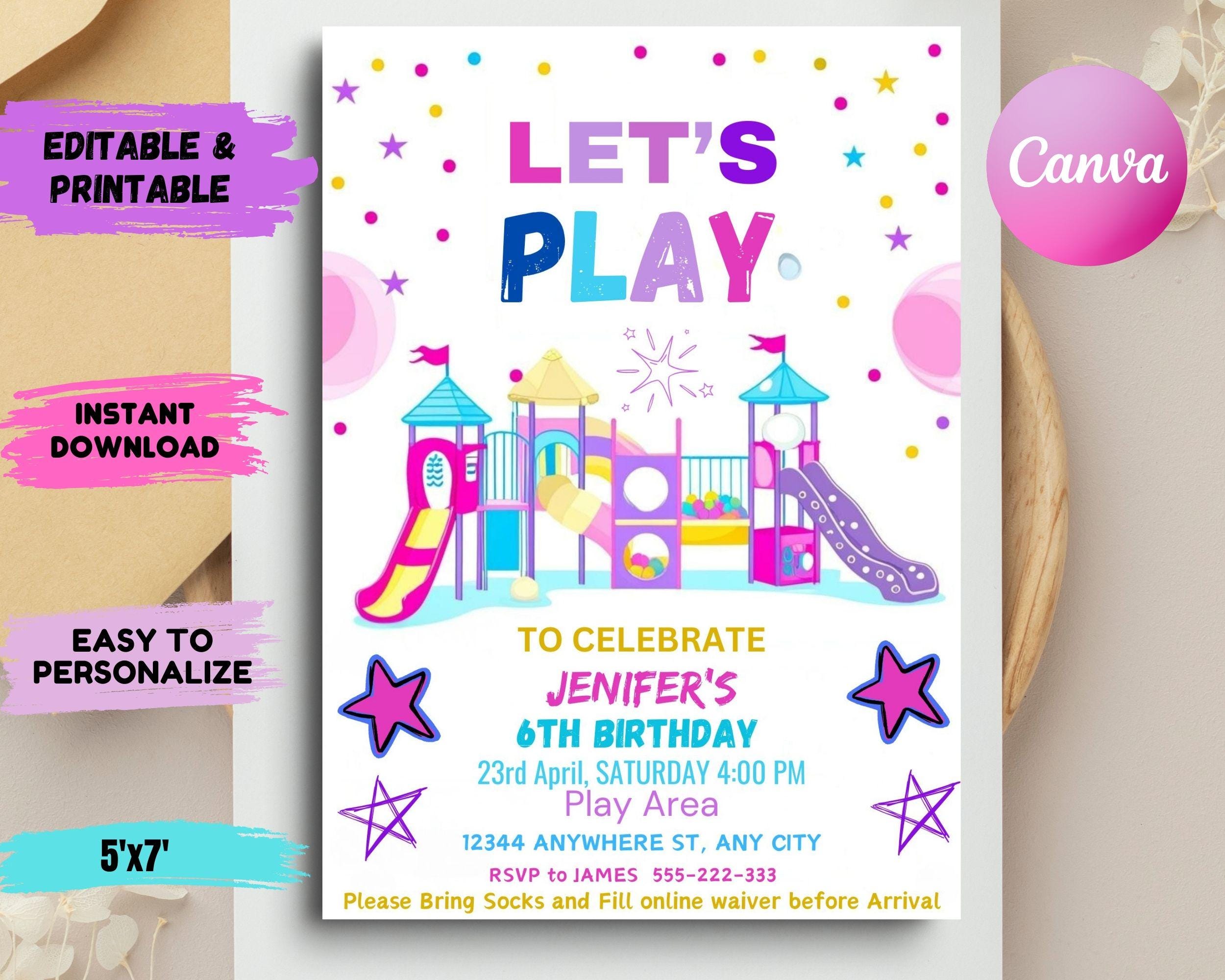 Editable Playground Birthday Party Invitation Girl Let's Play Jungle ...