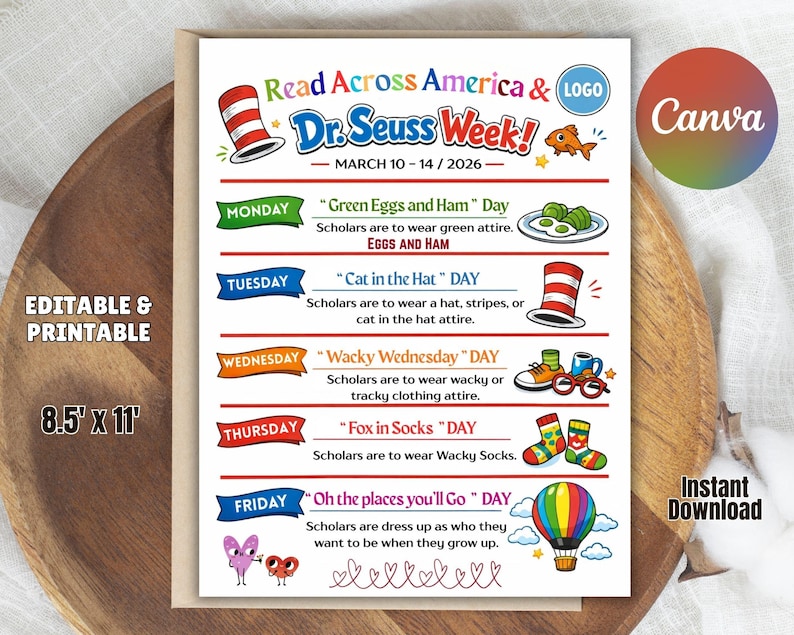 Editable Read Across America/dr. Seuss Spirit Week Template Flyer - Etsy