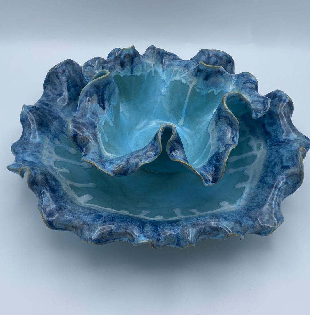 Blue Wavy Ceramic Bowls | Custom Ceramic Bowls | Coastal Pottery Decor ...