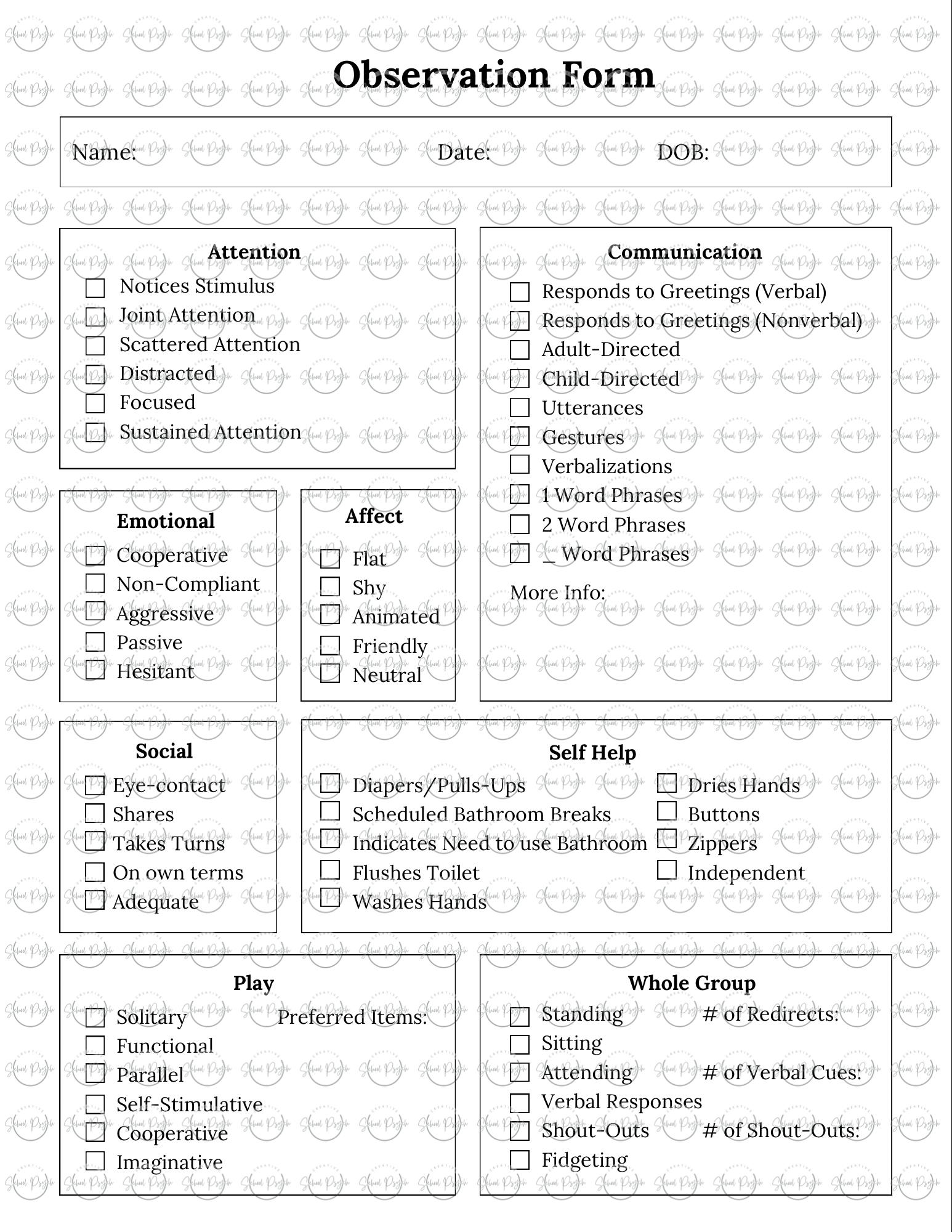 School Psychologist Observation Form - Etsy