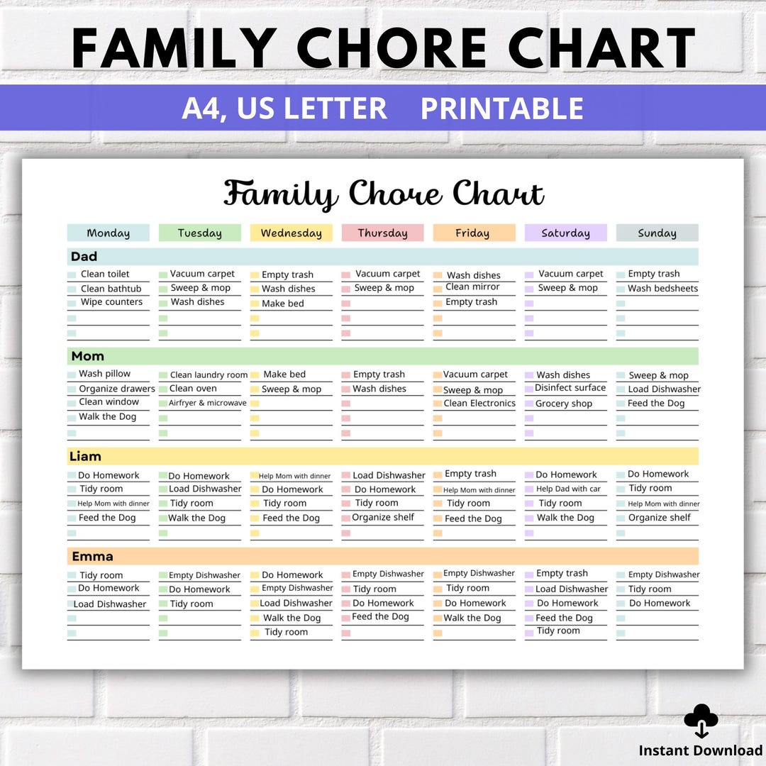 EDITABLE Family Chore Chart, Printable Weekly Chore List, Kids, Adults ...