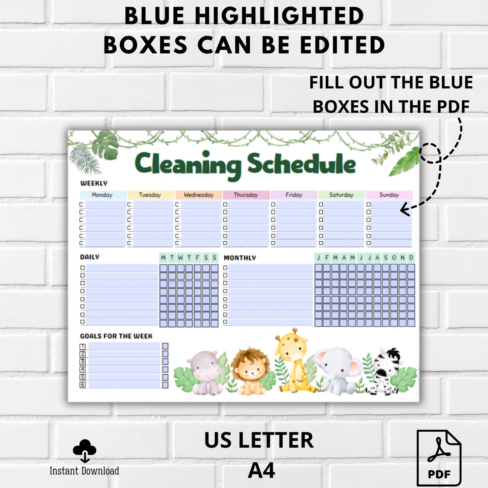 Cute Animal Cleaning Schedule, Editable Chores Chart (printable PDF) - Etsy
