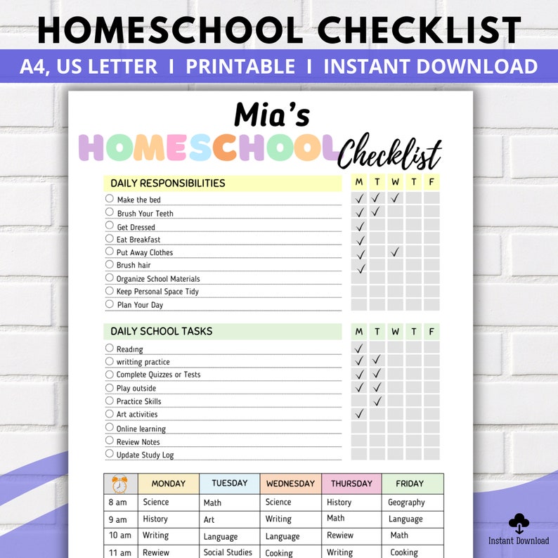 Editable Homeschool Checklist: Daily & Weekly Planner (digital Download ...