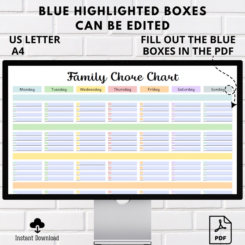 EDITABLE Family Chore Chart, Printable Weekly Chore List, Kids, Adults ...