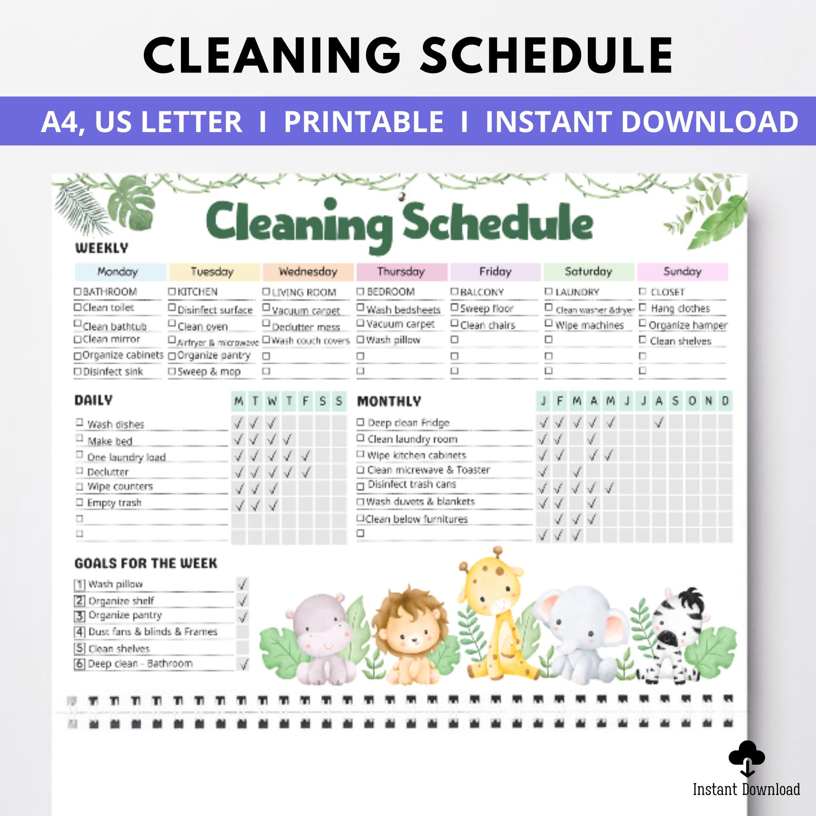 Cute Animal Cleaning Schedule, Editable Chores Chart (printable PDF) - Etsy