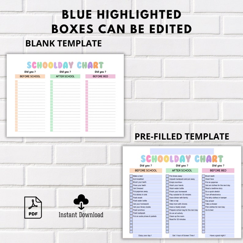 Editable Kids School Day Checklist: Morning, After School, Bedtime ...
