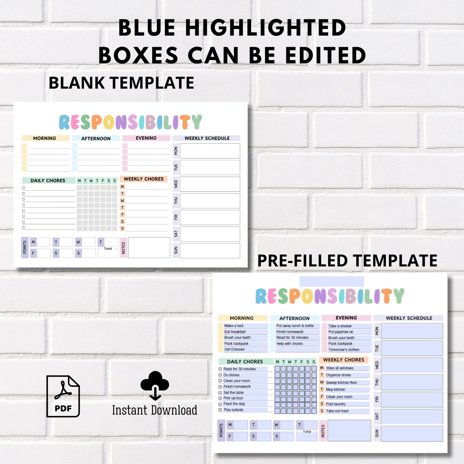 Editable Responsibility Chore Chart for Kids | Printable | Kids Daily ...