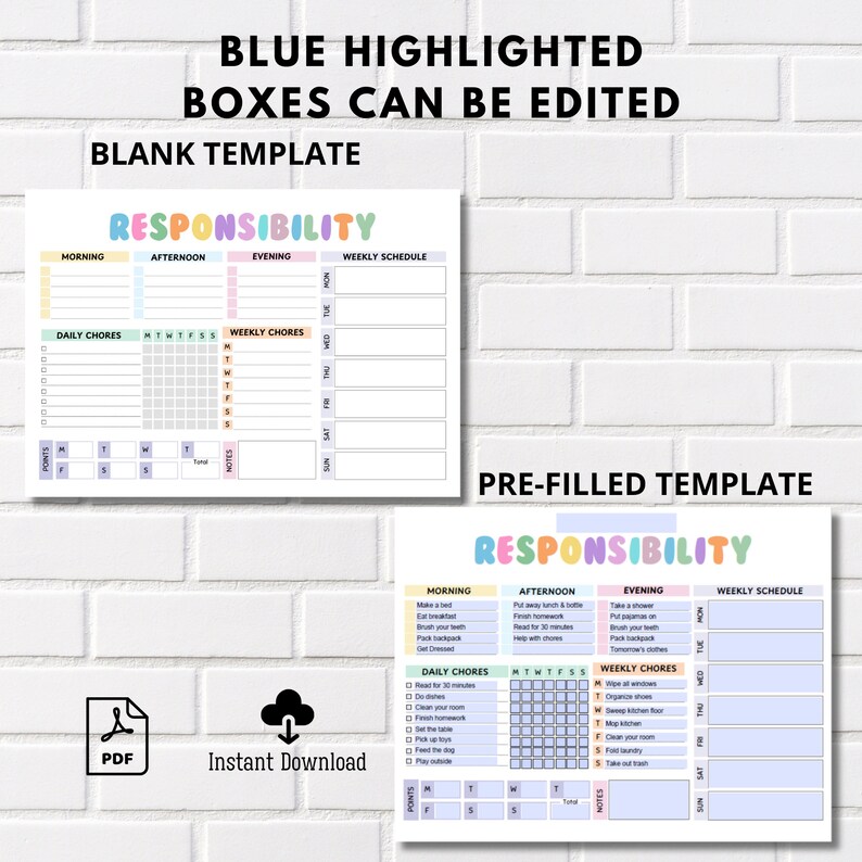 Editable Responsibility Chore Chart for Kids | Printable | Kids Daily ...