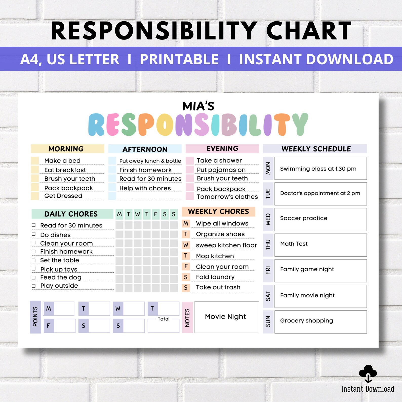 Editable Responsibility Chore Chart for Kids | Printable | Kids Daily ...