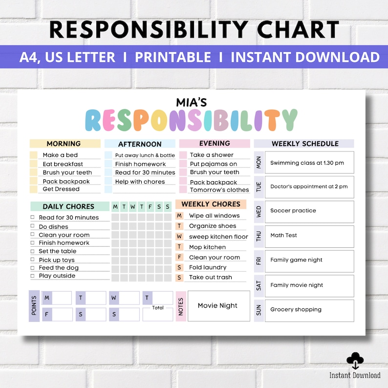 Editable Responsibility Chore Chart for Kids | Printable | Kids Daily ...