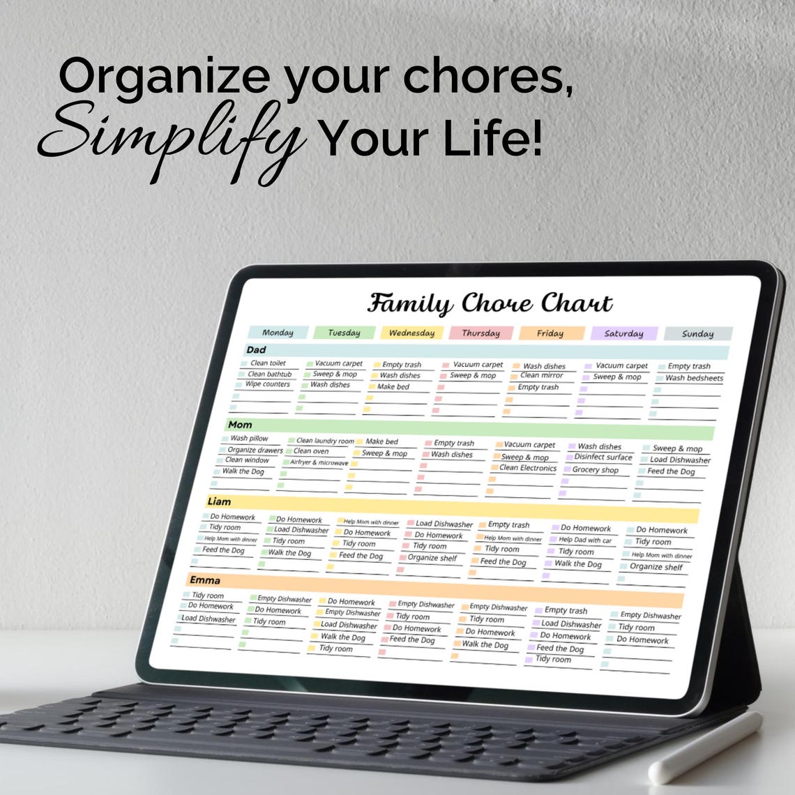 EDITABLE Family Chore Chart, Printable Weekly Chore List, Kids, Adults ...