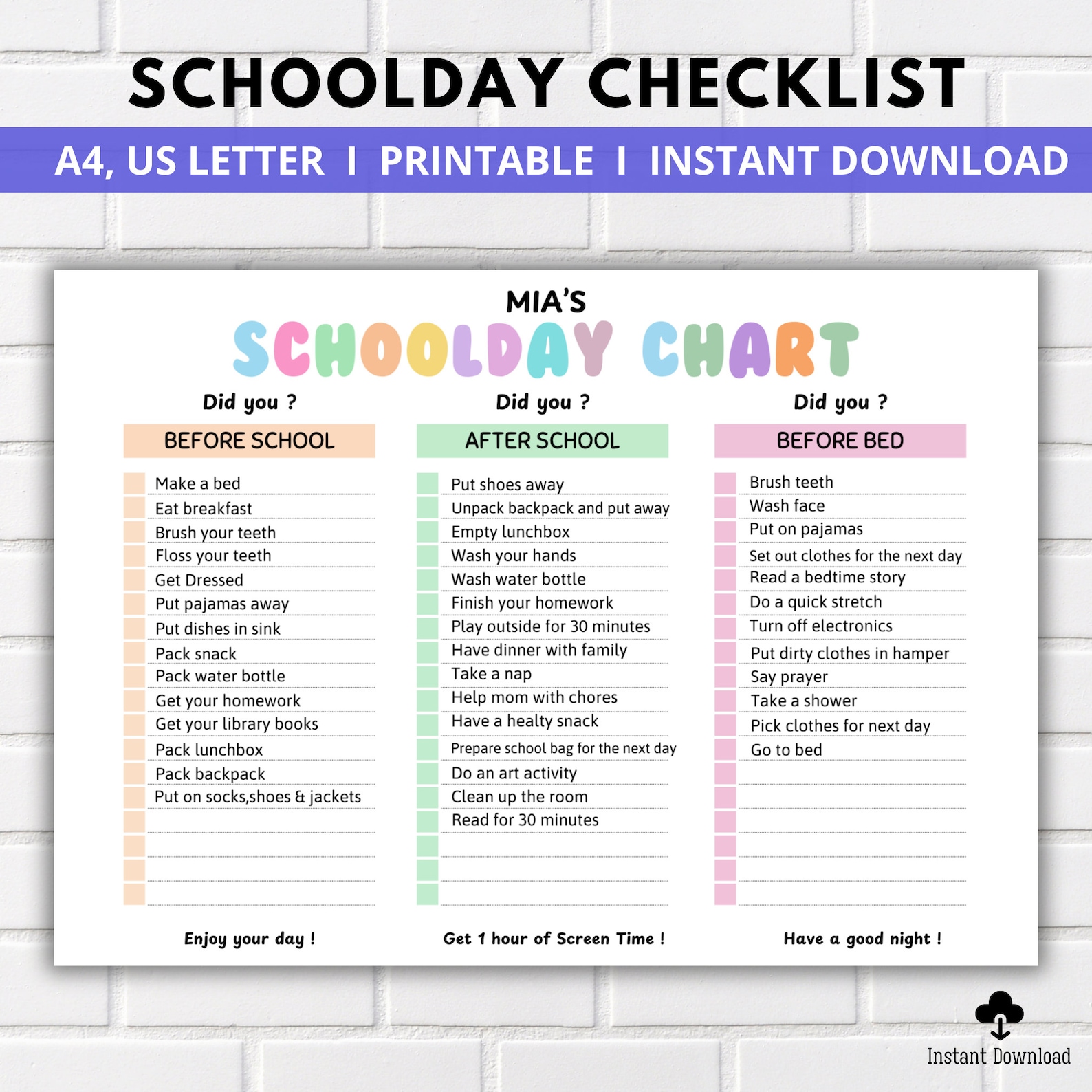 Editable Kids School Day Checklist: Morning, After School, Bedtime ...