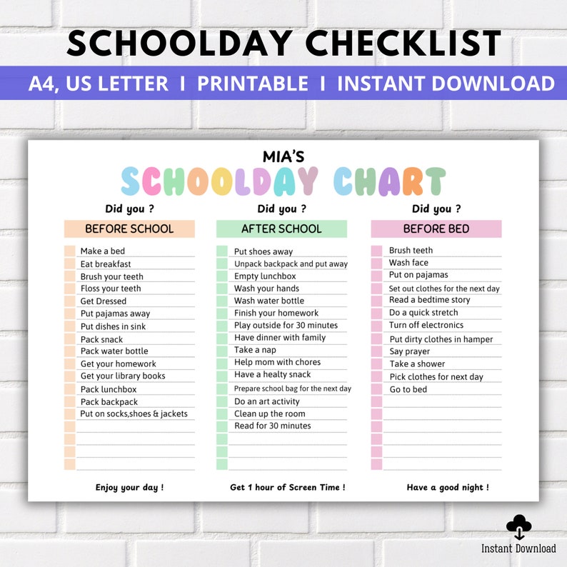 Editable Kids School Day Checklist: Morning, After School, Bedtime ...