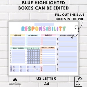 Editable Responsibility Chore Chart for Kids | Printable | Kids Daily ...
