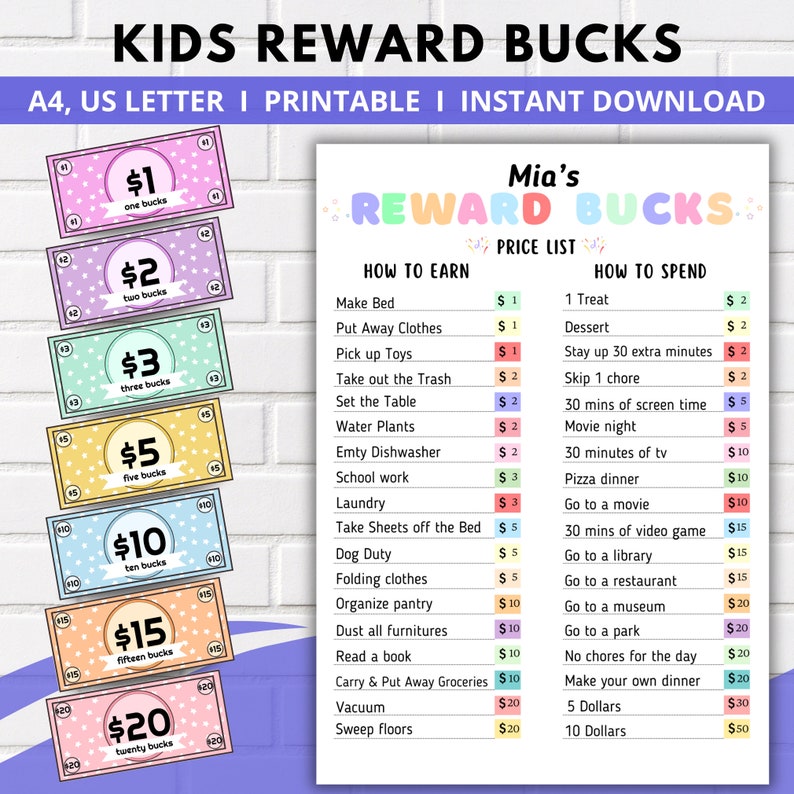 Printable Kids Reward Bucks: Chore Chart, Mom Money (fillable, Editable ...