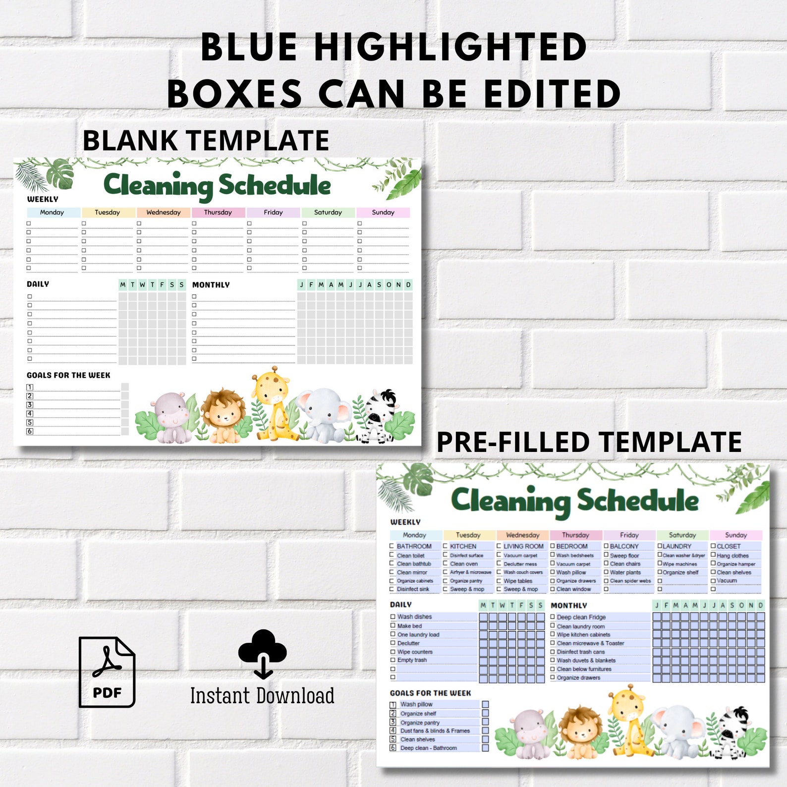 Cute Animal Cleaning Schedule, Editable Chores Chart (printable PDF) - Etsy